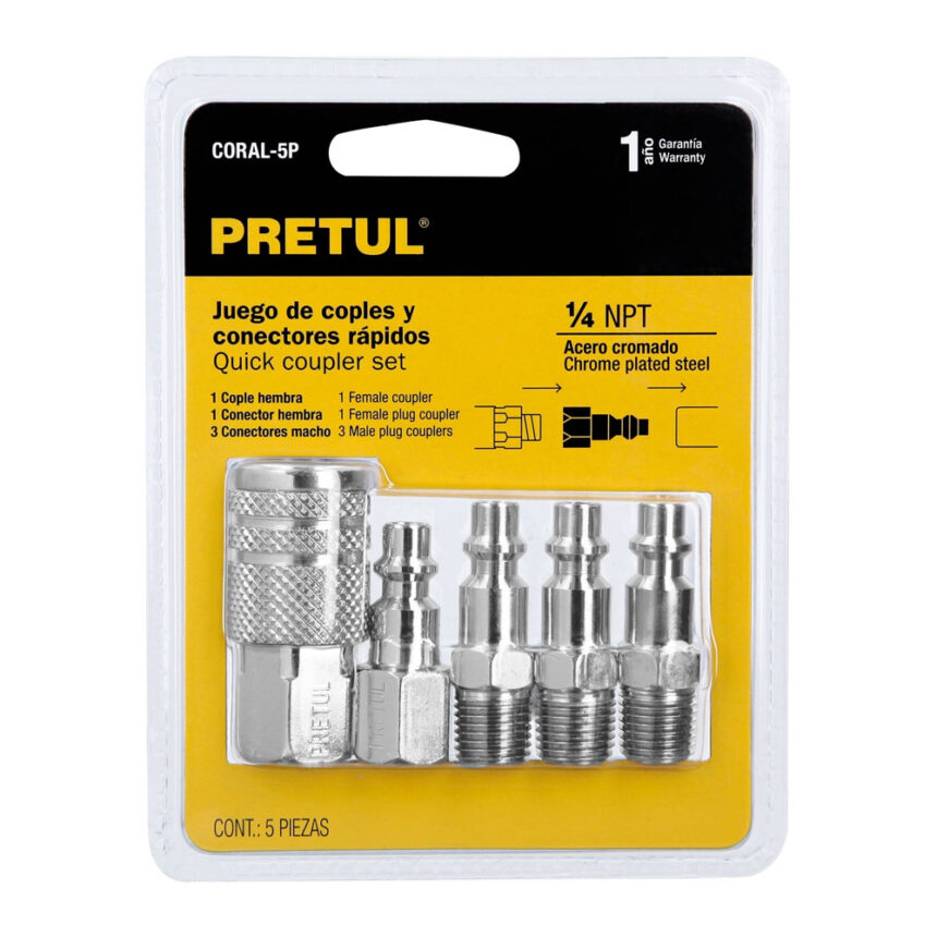 JUEGO DE COPLES Y CONECTORES MIXTOS DE ACERO CROMADO 1/4″ NPT 5 PZAS ...